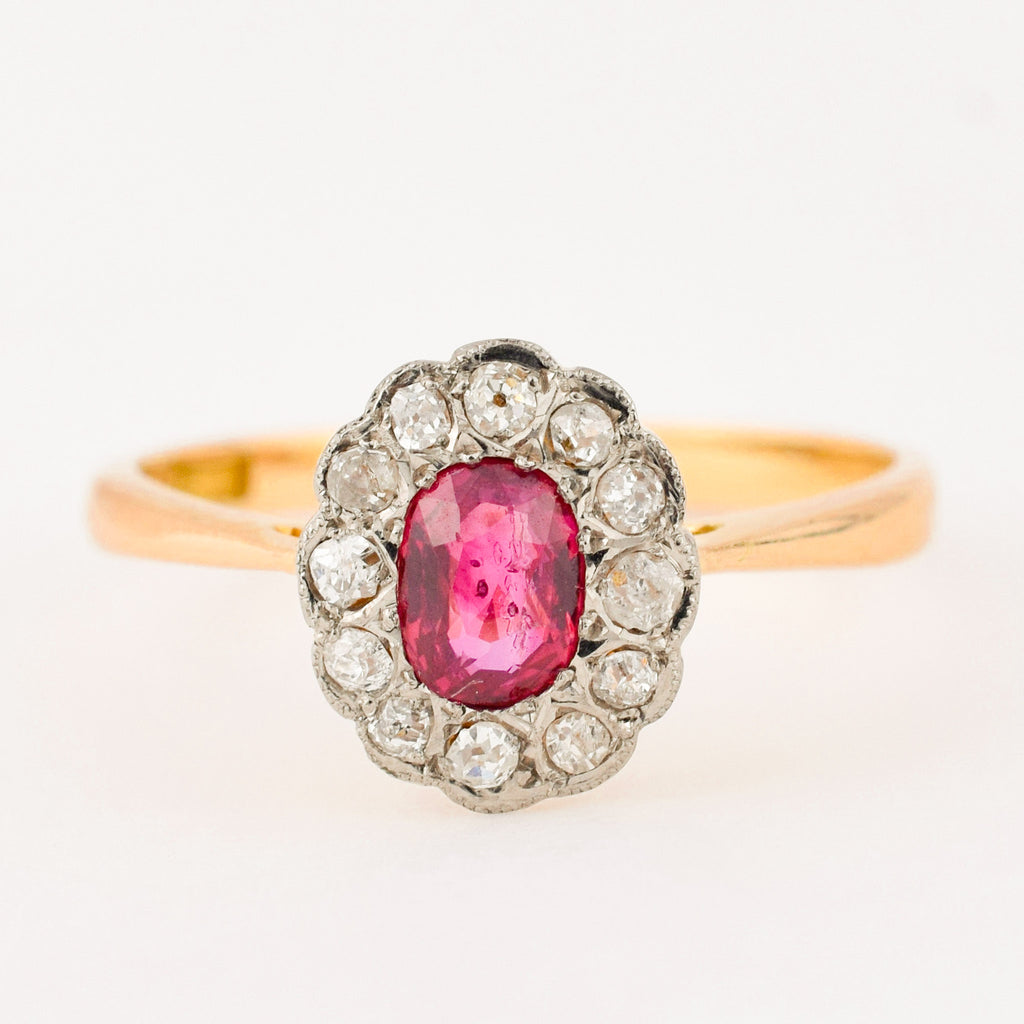 Antique Old Mine Cut Ruby and Diamond Halo Ring – Folklor